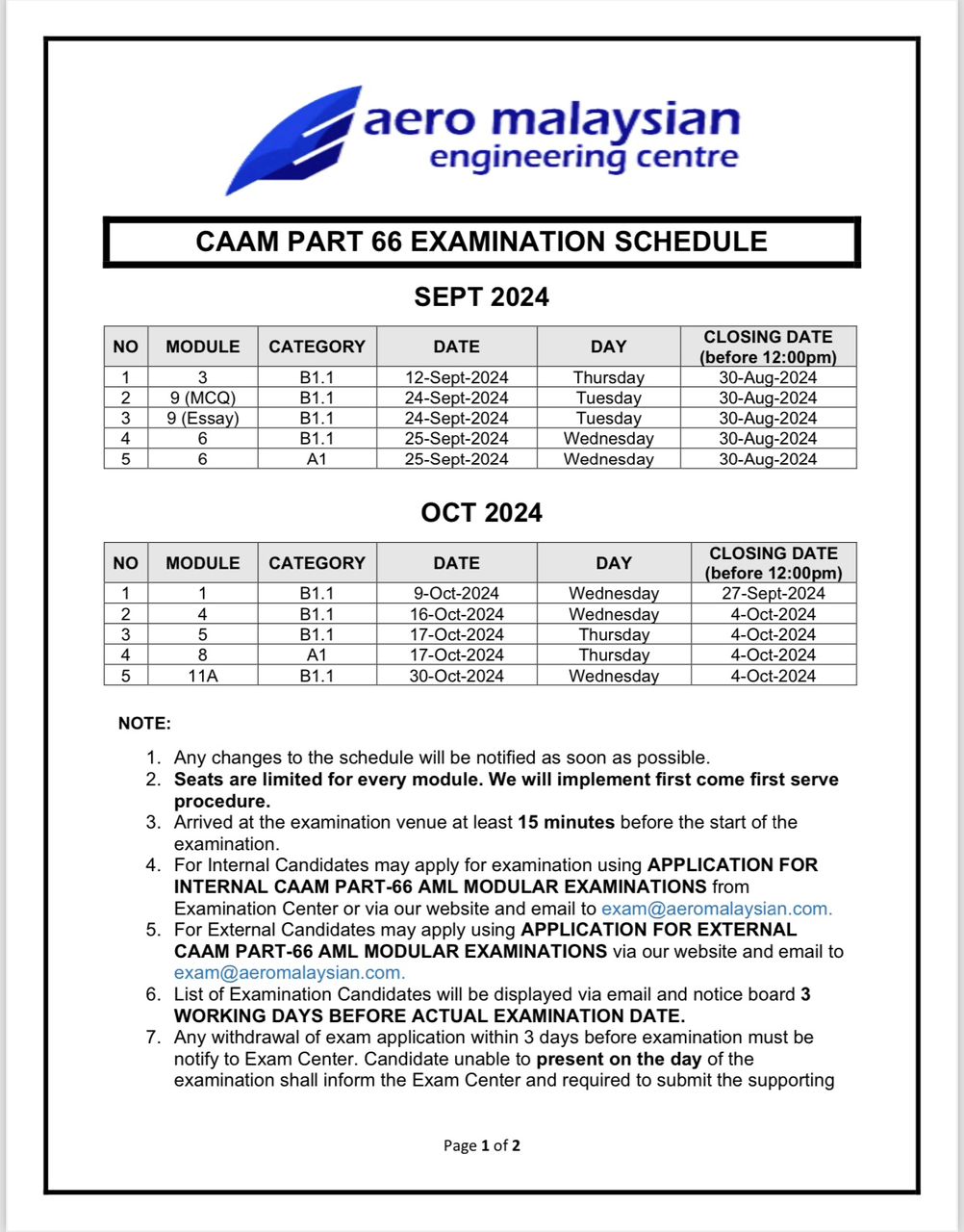 CAAM EXAMINATION SCHEDULE SEPTEMBER & OCTOBER 2024 – Aero Malaysian